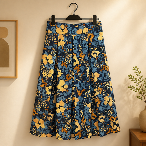 70s blu macchie crema e celesti. Modello Anna – Storie di Gonne